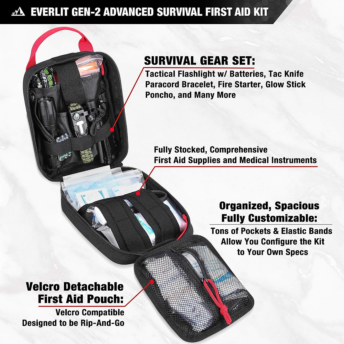 Everlit Survival Upgraded Survival First Aid Kit Emergency Gear Trauma Kit with 1000D Nylon Laser Cut Tactical EMT Pouch for Outdoor, Camping, Hunting, Hiking, Earthquake, Home, Office (Black)