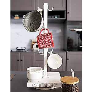 Rae Dunn Coffee Mug Holder - 6 Hook Mug Holder - Coffee Mug Tea Cup Rack with Wooden Spinning Base and Hanging Hooks for Storage & Display - Mug Stand Organizer for Kitchen Counter or Cafe Countertop