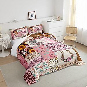 Erosebridal Western Bedding Pink Cowgirl Twin Comforter Set for Toddler Girls Cow Print Bedding Comforter Sets, Boho Cow Fur Western Style Duvet Set Farmhouse Horseshoe Pattern Quilt 2 Pieces