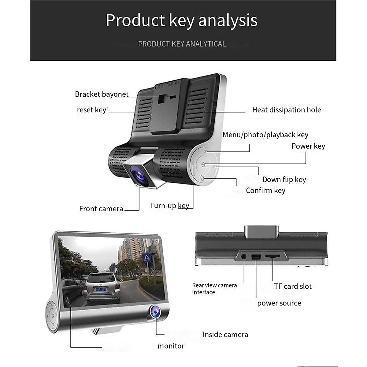 3-Channel Dash Cam with Front and Rear Inside Views, 1080P Full HD with 170-degree Wide-Angle Lens, IR Night Vision, Loop Recording, Reverse Assist, and 24-Hour Parking Recording.