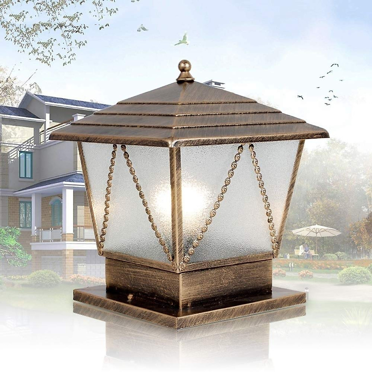 Lights Outdoor Outdoor Waterproof IP65 Patio Post Lamp External Quality Aluminum Square Pillar Column Light Hammering Glass Lantern Victoria Antirust Rainproof Glass Shade Porch Streetlight Surface Mo
