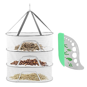QKDS Herb Drying Rack 3 Layer Hanging Mesh Net, 2pcs/Set Herb Dryer Hanging Rack with Herb Stripper, Foldable Hanging Mesh Dryer for Buds, Fruits, Vegetables, Fish, Clothes, Doll(White)