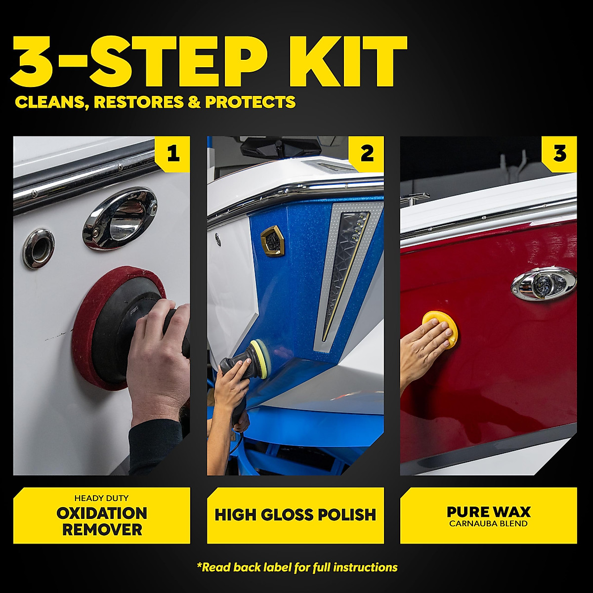 Meguiar's Marine/RV Fiberglass Restoration System, Boat Fiberglass Repair Kit with Oxidation Remover, Boat Polish and Boat Wax - 3 Count (1 Pack)
