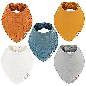 Bedeca Muslin Baby Bibs, 100% Organic Cotton Baby Bandana Drool Bibs for Boy and Girls, Unisex Newborn Bibs, 5 Solid Colors Set for Teething and Drooling