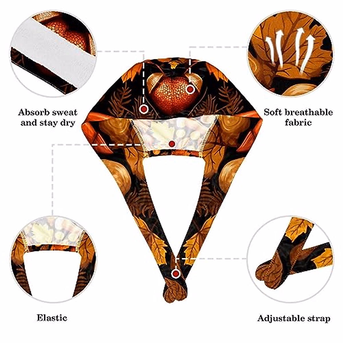 Happy Thanksgiving Acorns Bouffant Working Cap with Ribbon Tie for Women Long Hair, Scrub Surgical Hat, One Size Head Cover