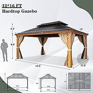 YOLENY 12' x 16' Gazebo, Hardtop Wood-Looking Gazebo with Galvanized Steel Double Roof, Aluminum Frame with Netting and Curtains for Deck, Backyard, Patio, Lawns