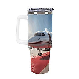 LLUTSNTH 40 Oz Vacuum Tumbler with White Handle Leakproof Insulated Tumbler Red Carpet Airplane Stainless Steel Travel Mug with Lid And Straw Coffee Cup Cute Water Bottles Cup Holder Friendly
