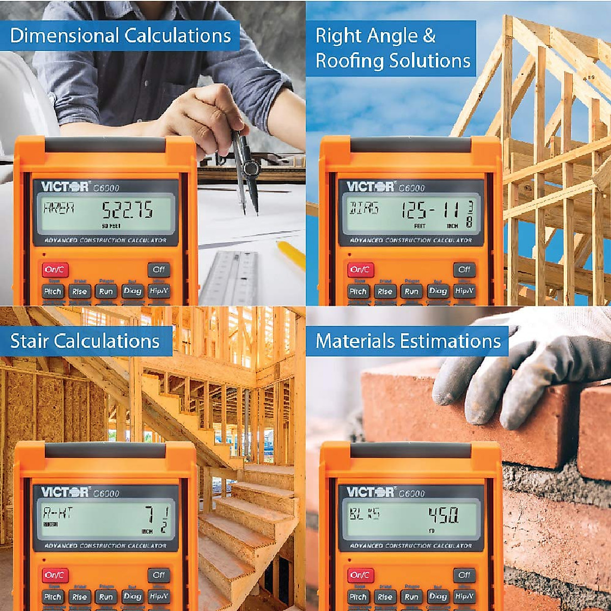 Victor C6000 Advanced Construction Calculator with Protective Case Displays in Fractional or Dimensional Forms Perfect for Carpenters, Renovators,Builders, Contractors, Estimators