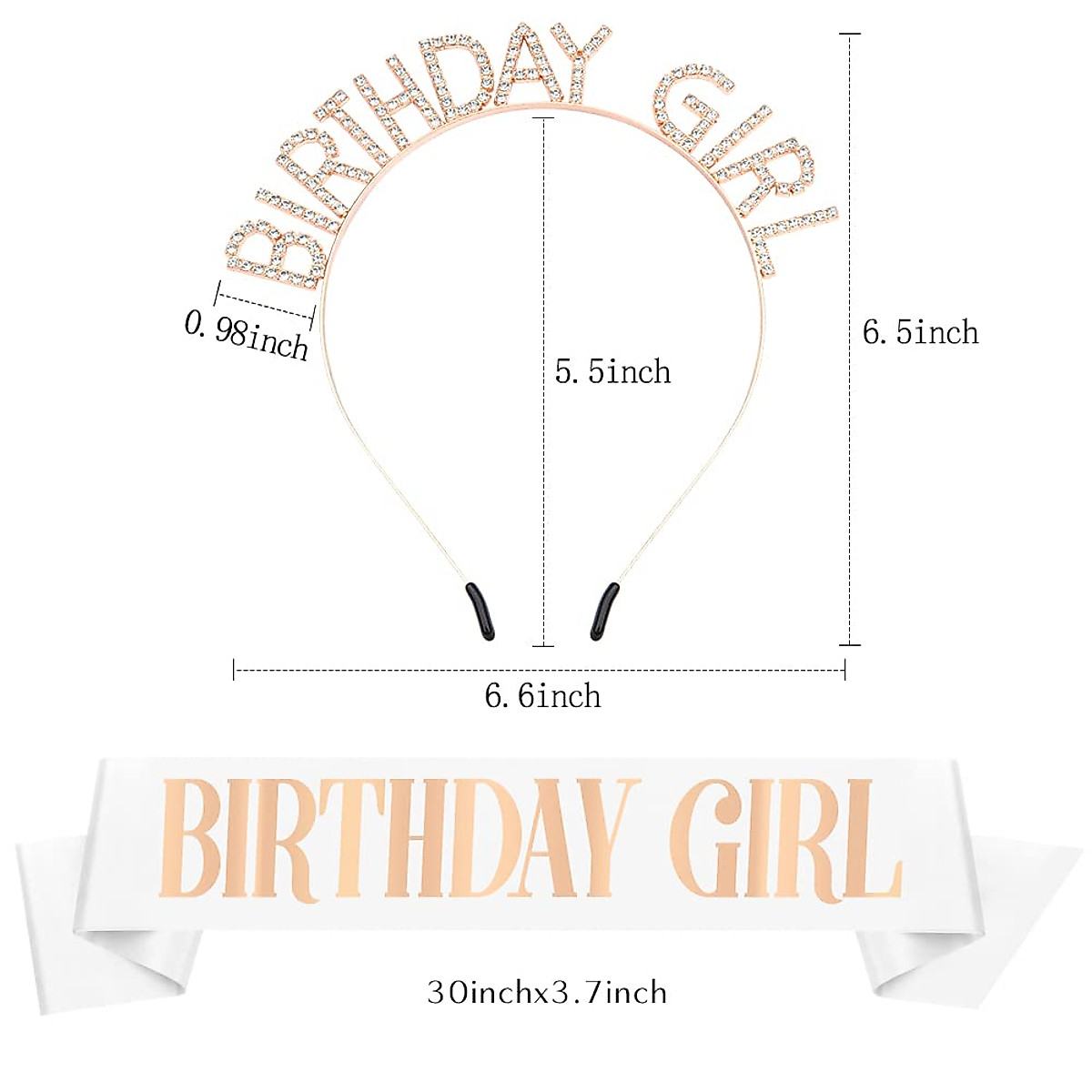 Rose Gold and White Sash with Rhinestone Tiara and Headband - Birthday Accessories for Women