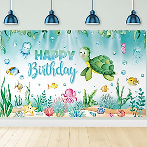 Preboun Ocean Animal Backdrop Ocean Turtle Decorations Ocean Theme Birthday Party Photography Background Banner for Underwater Blue Baby Shower Birthday Party Decorations Supplies, 3.6 x 6 Feet