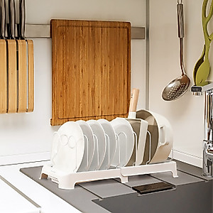 CHIOGHBN Pan and Pot Organizer Rack, Expandable Pans and Pots Organizer for Cabinet, 9 Adjustable Compartments Lid Pots and Pans Organizer, Bakeware Organizer for Cabinet for Kitchen Storage