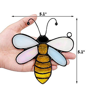 Huray Rayho Bee Suncatcher Window Hanging Ornament w/Suction Cup, Spring Summer Farmhouse Bumble Bee Double Side Stained Glass Panel Garden Yard Tree Hanging Decor, Bee Lover Day Teachers Day Gifts