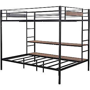 STP-Y Full Over Twin/Full Bunk Bed, Rockjame Metal Bed Frame with Shelves, No Box Spring Needed, Suit for Kids, Young Teens and Adults (Black) (Color : Black)