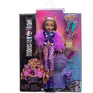Monster High Clawdeen Wolf Doll with Pet Dog Crescent & Accessories like Backpack, Planner, Snacks & More