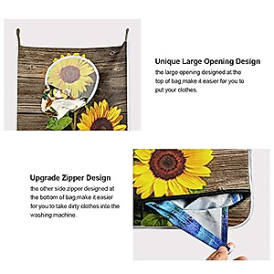 Sunflowers Wooden Board Door Hanging Laundry Hamper Bag Vintage Flowers Space Saving Wall Large Laundry Basket Storage Dirty Clothes Bags with Bottom Zippers Hooks For Bathroom Bedroom 1 Pcs
