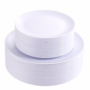 PULOTE 100PCS White Plastic Plates-Premium Quality Heavyweight White Disposable Plates including 50 White Dinner Plates, 50 White Dessert/Salad Plates,for Wedding&Party