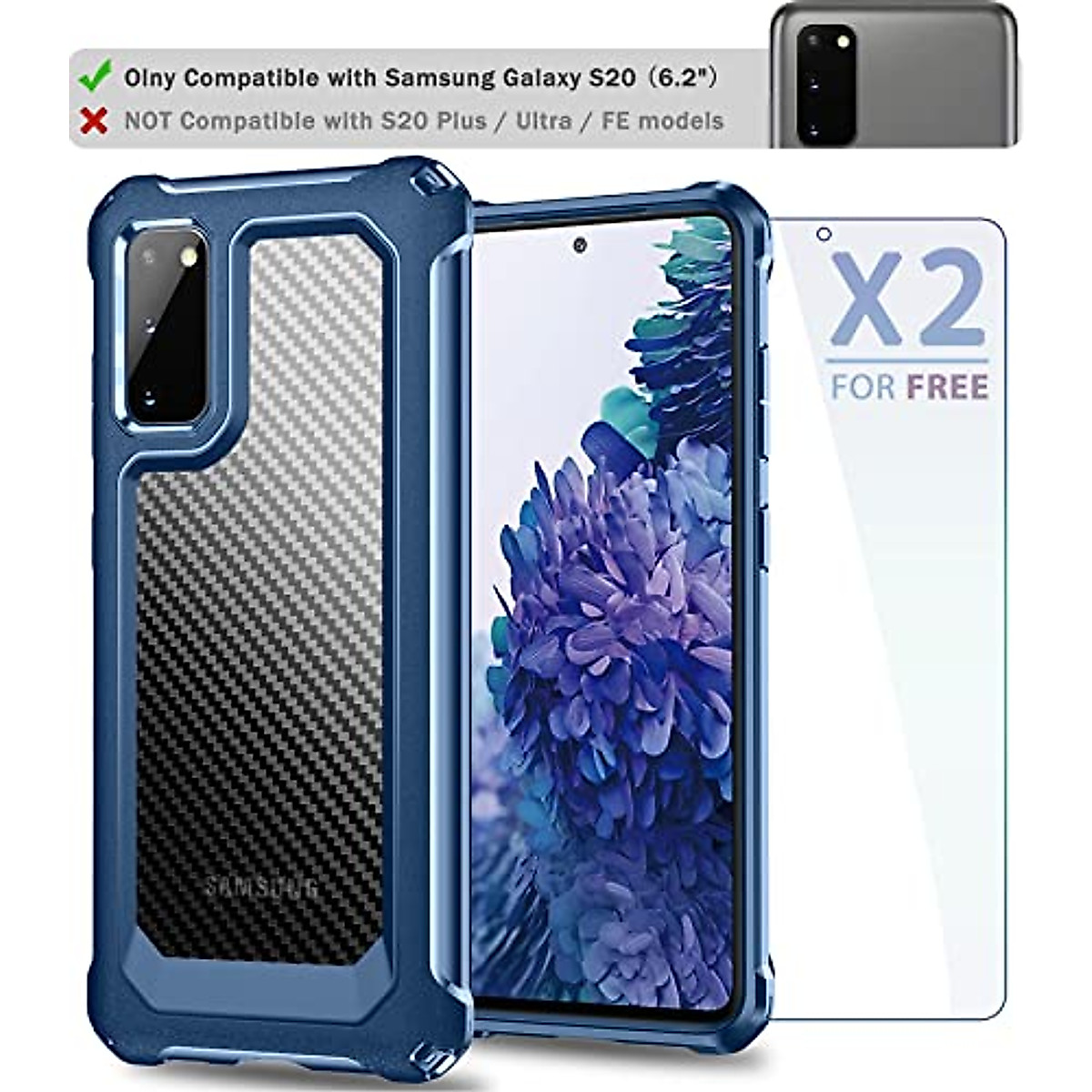 SUPBEC Galaxy S20 Case, Slim Carbon Fiber Shockproof Protective Cover with Screen Protector [x2] [Military Grade Drop Protection] [Anti Scratch&Fingerprint], Samsung S20 Case, 6.2", Black