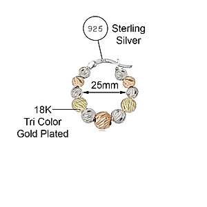 Savlano 925 Sterling Silver Beaded Round Hoop Earrings – 18K Gold Tri Color Plated Hoop Earrings for Women - Made In Italy Comes with Savlano Gift Box