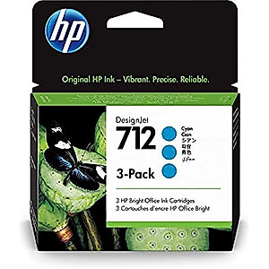 HP 712 Cyan 29-ml 3-Pack Genuine Ink Cartridges (3ED77A) for DesignJet T650, T630, T230, T210 & Studio Plotter Printers