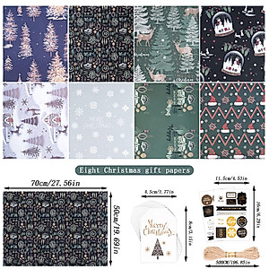 Larcenciel Christmas Wrapping Paper, 8 Sheets Pine Snowflakes Gift Wrapping Paper w/Gift Tag Ribbons Stickers, Xmas Thick Kraft Gift Wraps Set for Christmas New Year Holiday Birthday Party,27.6x19.7in