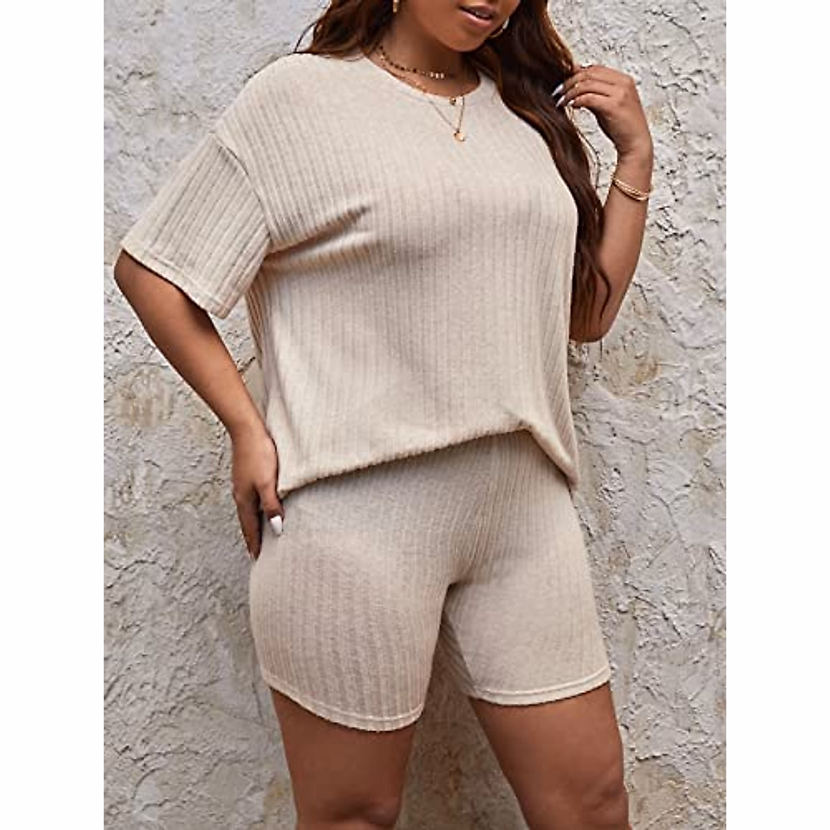 MakeMeChic Women's Plus Size Pajama Set Lounge Set Short Sleeve Tops Biker Shorts Workout Sets Tracksuit Plus Khaki 0XL