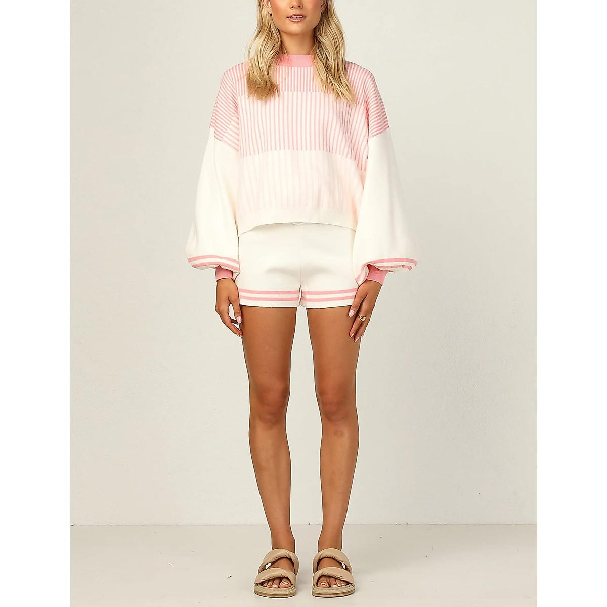 Arssm 2 Piece Sets for Women Casual Knitted Striped Crewneck Pullover Long Sleeve Sweater Shorts Lounge Outfits (White-XL)