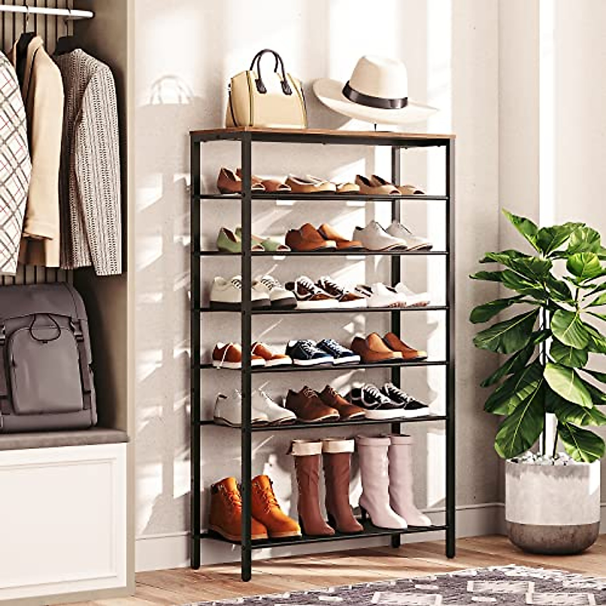 MAHANCRIS 8-Tier Shoe Rack, Large Capacity Shoe Shelf, Shoe Organizer for Closet, Entryway, 28-32 Pairs of Shoes, Stable Sturdy, Shoe Rack with Adjustable Metal Mesh Shelves, Rustic Brown SRHR1801Z