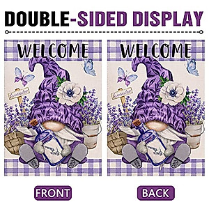 Dyrenson Welcome Spring Gnome Lavender Anemone Flower Decorative Garden Flag, Purple Buffalo Plaid Check Butterfly Floral House Yard Outside Decorations, Summer Farmhouse Outdoor Small Decor 12x18