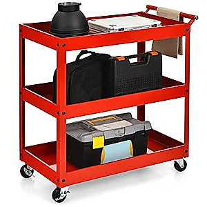Goplus 3-Tier Utility Cart, Heavy Duty Commercial Service Tool Cart w/Lockable Wheels, 330lbs Load Capacity, Ergonomic Handle, Rolling Mechanic Tool Cart Storage Organizer for Warehouse Garage