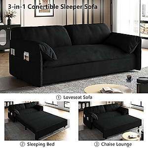 GNIXUU 63.8" Queen Pull Out Sofa Bed, Velvet Convertible Sleeper Sofa Couch with Side Storage, Comfy Loveseat Bed Pull Out Couch for Living Room, Apartment, Small Space(Black)