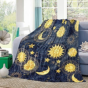 Flannel Fleece Throw Blankets, Boho Chic Golden Sun Moon and Stars Blue Black Sky Antique Style Decorative Blankets, Lightweight Super Soft Luxurious Cozy Blanket for Couch Bed Sofa Chair
