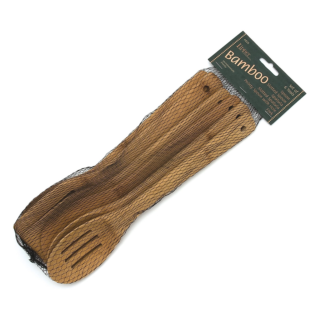 Lipper International 826 Bamboo Wood Kitchen Tools in Mesh Bag, 6-Piece Set