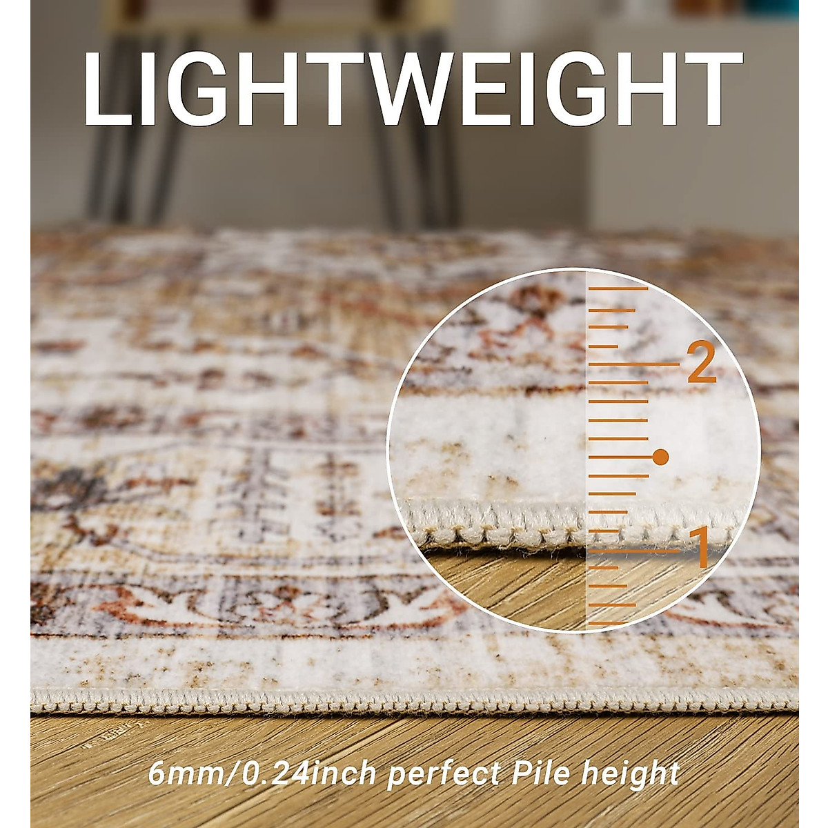 befbee Washable Rug 8x10 Area Rugs for Living Room - Stain Resistant Non-Slip Backing Rugs for Bedroom,Ultra-Thin Vintage Large Area Rug (Turmeric/Grey,8'x10')