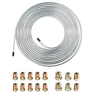 YAKEFLY 25 Ft Flexible Tube Line Roll,1/4" Brake Line Tubing Kit,Copper Coated Alloy Brake Line Tubing Coil with 16 Inverted Flare Fittings,Fuel Line Coil(Silver)