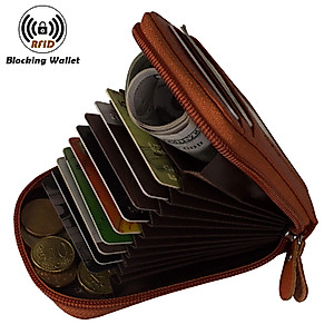 Noedy RFID Blocking Credit Card Case Organizer Genuine Leather Zip-Around Security Wallet Brown