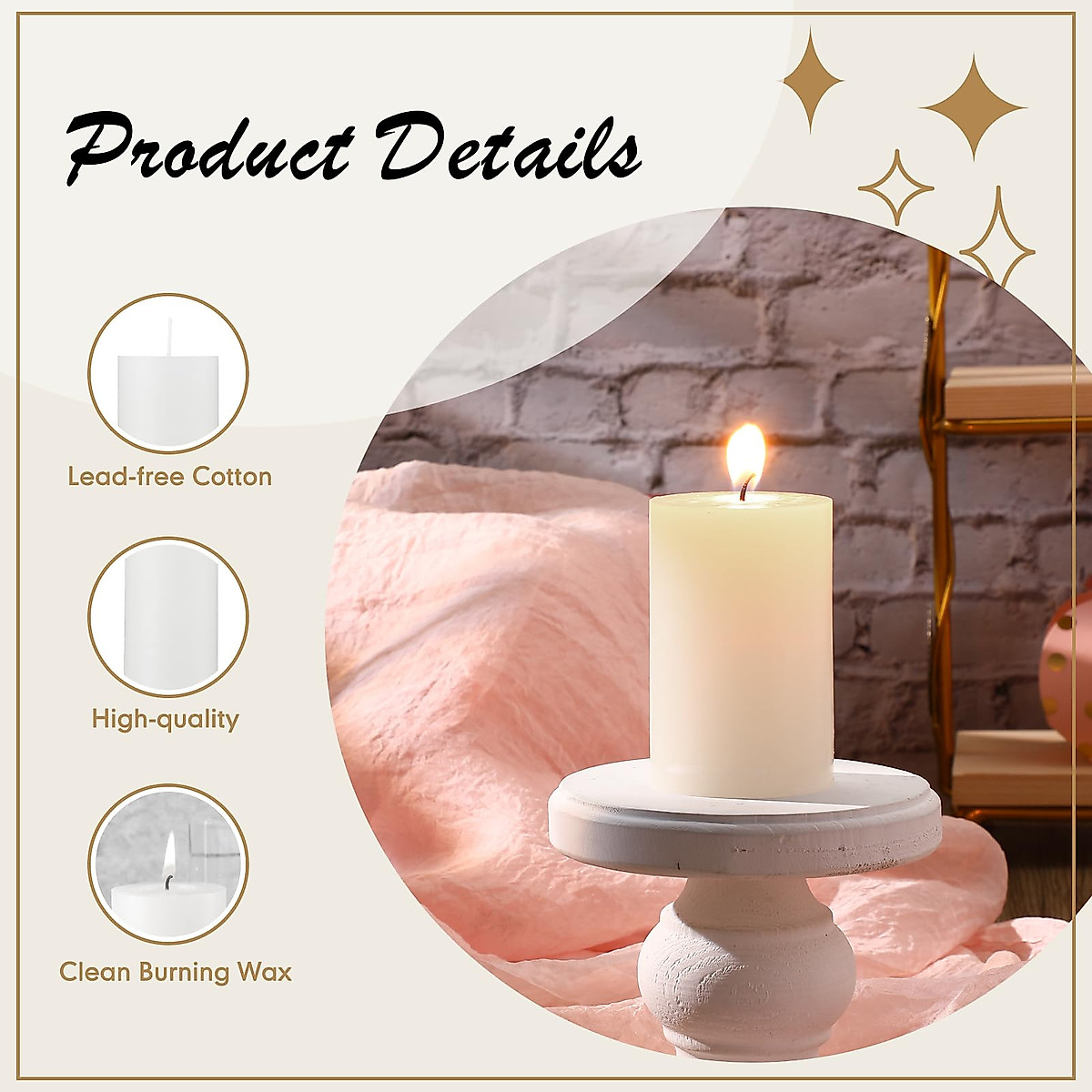 Nuogo 24 Pcs Ivory Pillar Candles Bulk Set of 3 Long Burning Wax Pillar Candles 2 in x 3, 6, 8 Inch Dripless Unscented Smokeless Candles for Wedding Party Spa Lantern Fireplace Home