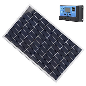 Solar Panel, 15W 18V Polycrystalline Solar Panel 12V/24V PWM Solar Controller 2pcs LED Bulb for Car RVs Ship Battery Charger(10A)