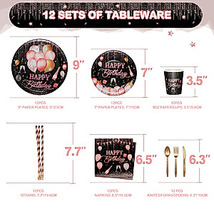 210PCS Birthday Decorations For Women ,Rose Gold and Black Party Decorations Kit,Happy Birthday Supplies Set - Tableware Pack, Balloon Pump, Banner, Fringe Curtain, Latex Balloons For 12 Guest
