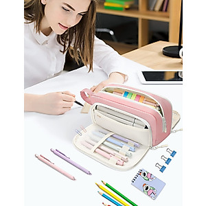 SUNEE Cute Pencil Case, Aesthetic Pen Pouch with 3 Compartments, Kawaii Colored Large Pencil Bag with Zipper, Stationery Storage and Organizer, Pink School Supplies for Teen and Adult Girls