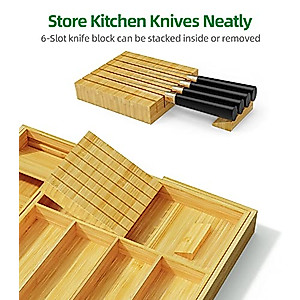 Delamu Expandable Silverware Organizer with Cutlery Organizer in Drawer, Flatware Utensil Organizer with Knife Organizer, Bamboo Kitchen Drawer Organizer for Large Utensils, Silverware Tray for Drawer