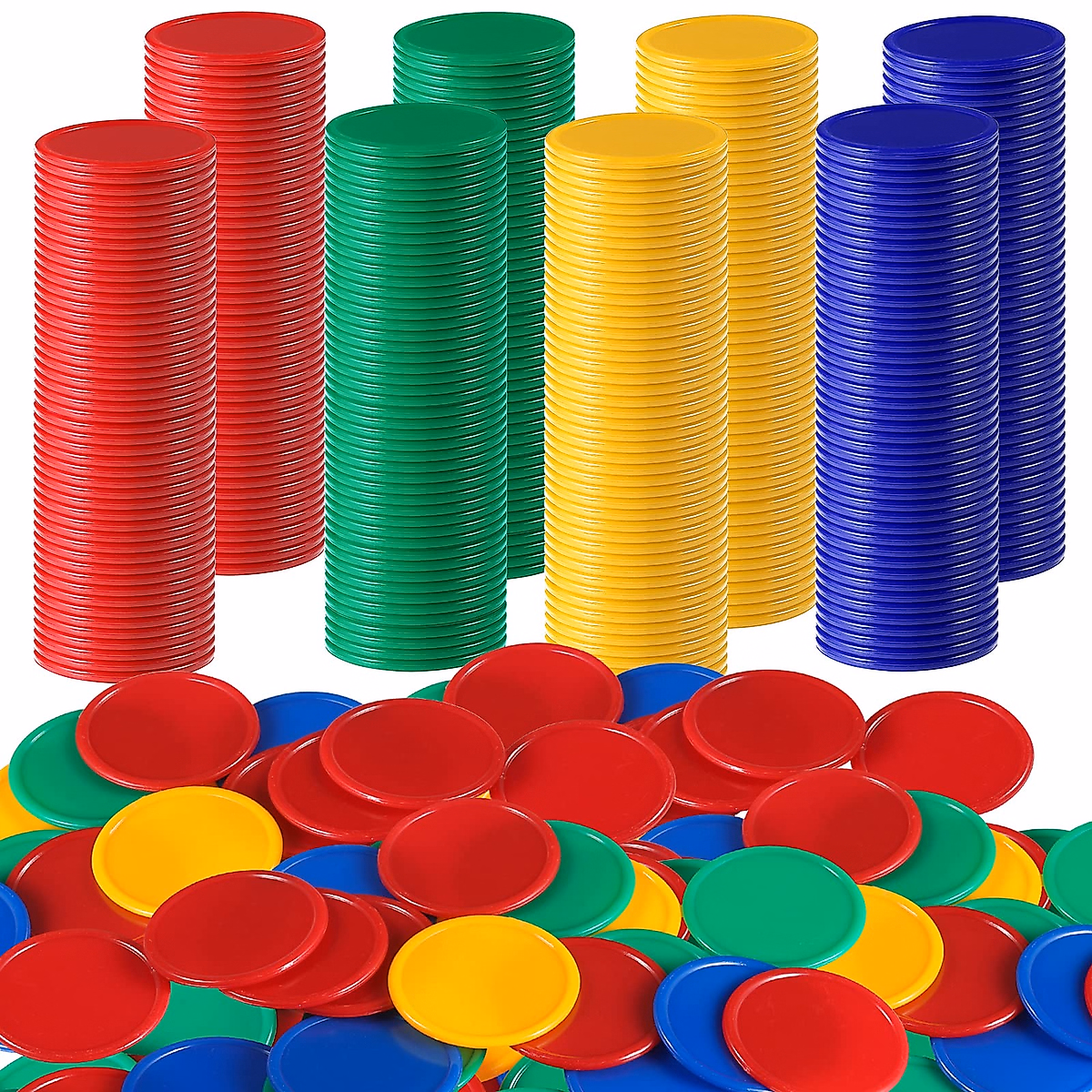 Coopay 1 1/2 Inches Plastic Poker Chips Learning Counters Disks Bingo Chip Counting Discs Markers for Math Practice and Poker Card Game Tokens, Teaching Rewards, 200 Pieces (Red, Green, Blue, Yellow)