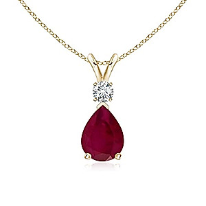 Angara Natural Ruby Teardrop Pendant Necklace with Diamond in 14K Yellow Gold for Women with 18" Chain (8x6mm Weight-1.15ct) | July Birthstone Jewelry Gift for Women | Wedding Anniversary