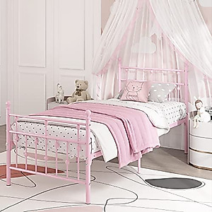 Weehom Pink Metal Bed Frame Twin Size with Headboard Mattress Foundation Support Heavy Duty Steel Slat No Box Spring Need for Girls
