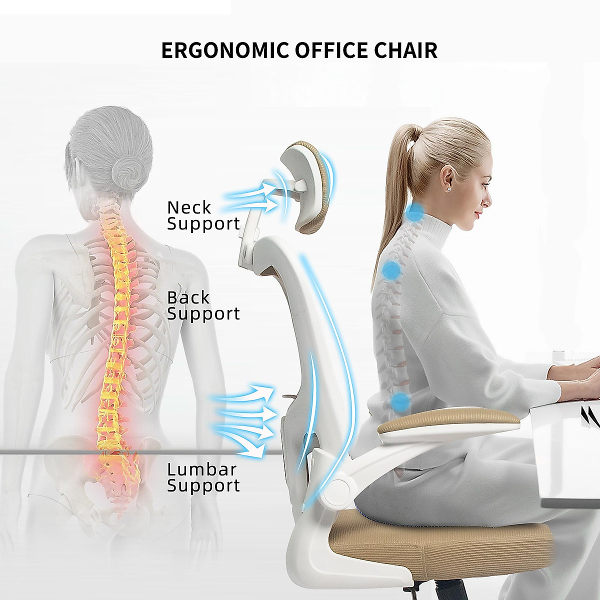 SenceHome Office Chairs, Ergonomic Office Chair, High Back Desk Chair with Adjustable Headrests, Lumbar Support and Flip-up Armrests, Breathable Mesh Computer Chair for Home Office (Khaki)