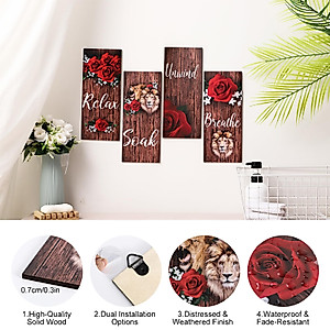 20Pcs Bathroom Sets Rose and Lion Shower Curtain Set with Non-Slip Rugs, Toilet Lid Cover and Bath Mat, 12 Resin Hooks, Bathroom Wall Sign Decor Set