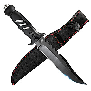 Fixed Blade Hunting Knife with Sheath, 12" Bushcraft Knife Full Tang, Stainless Steel EDC Fixed Blade Knife with Sheath, Rubber Handle by Kratos - ZF5