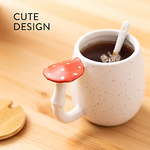 Navaris Mushroom Mug with Lid and Spoon - Ceramic Cup for Coffee, Tea, Hot or Cold Drinks - 12 oz Novelty Drink Holder Set Cute Bamboo Lidded Design