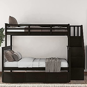Twin Over Full Bunk Bed with Storage Drawer, Wood Bunk Beds with Stairway, Storage Shelf and Full-Length Guard Rail, Kids bunk Bed Twin Over Full, No Box Spring Needed (Espresso)