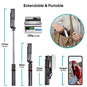 Stable Selfie Stick Tripod with Fill Light, 44 Inch Extendable Selfie Stick with Wireless Remote and Tripod Stand 360 Rotation for iPhone 13/12/11 Pro/XS Max/XS/XR/X/8/7, Samsung and Smartphone