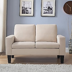 Nathaniel Home Upholstered Loveseat Sofa Couch with Solid Wood Frame and Breathable Linen Microfiber Fabric, for Living Room and Small Apartment, Beige